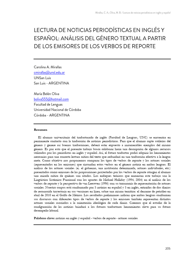 Lectura de Noticias Periodísticas en Inglés y Español: Análisis Del Género Textual A Partir de ...