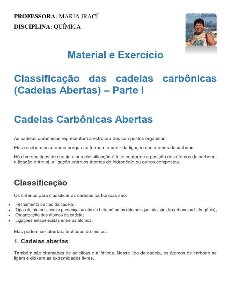01 - Material e Exercício 1 - Classificação Das Cadeias Carbônicas ...