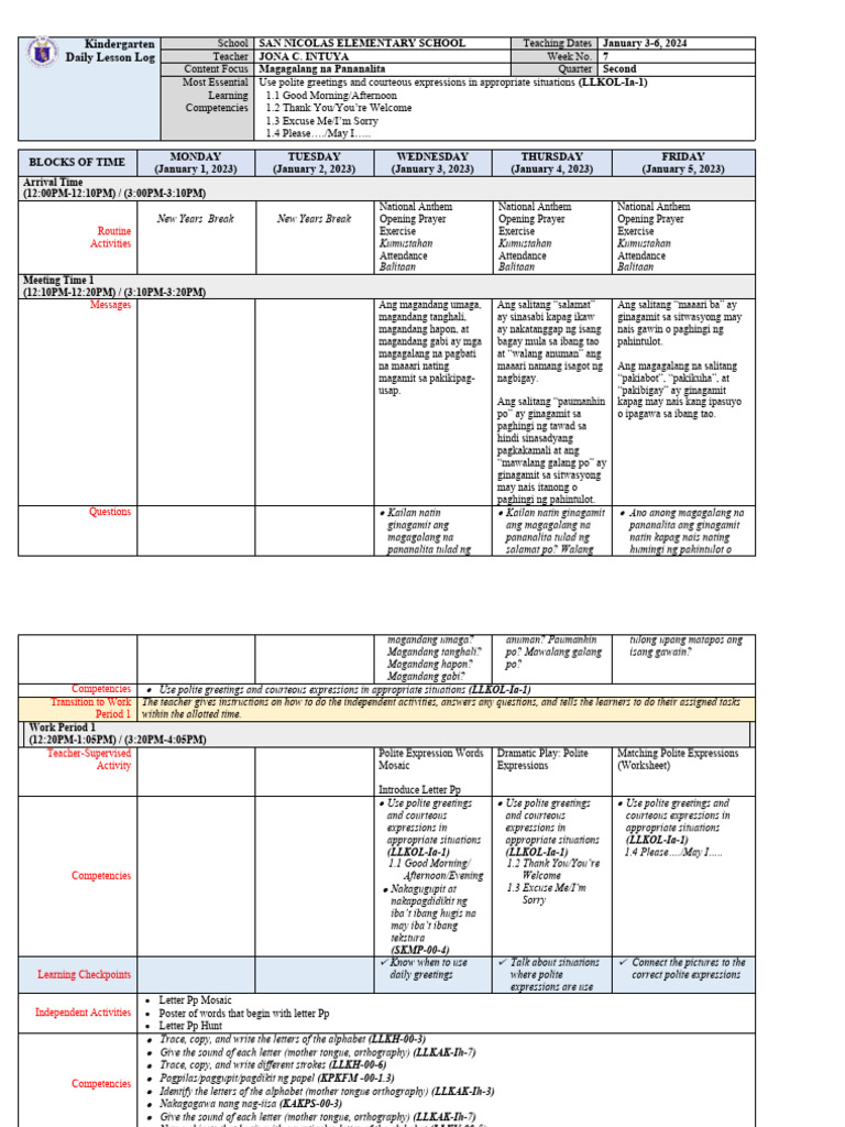 Kindergarten DLL MELC Q2 Week 7 | PDF