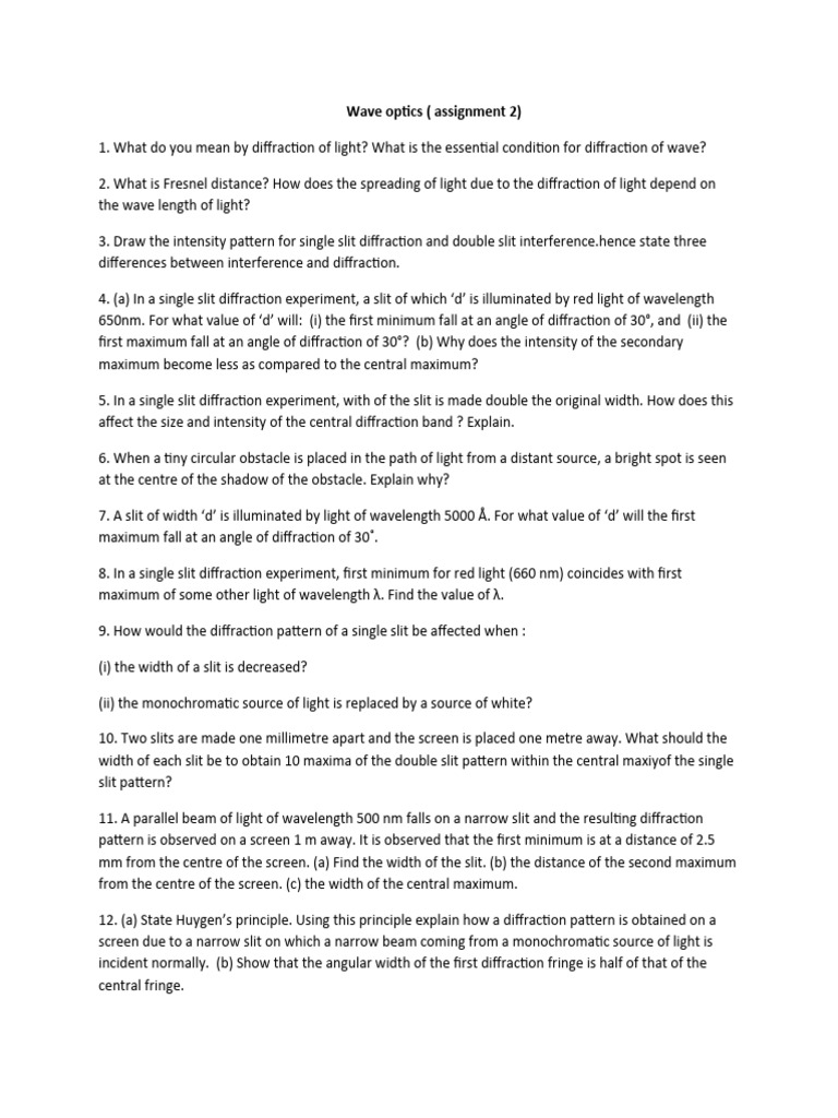 Wave Optics (Assignment 2) | PDF | Diffraction | Wavelength