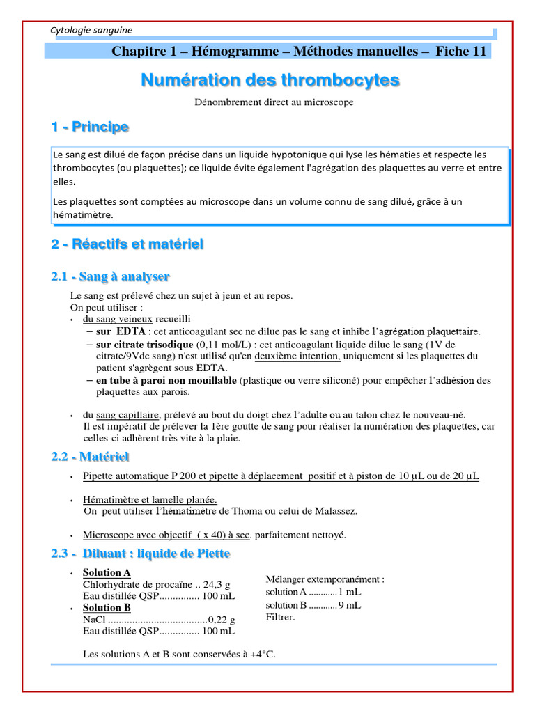 Numération des plaquettes sanguines | PDF | Thrombocyte | Sang