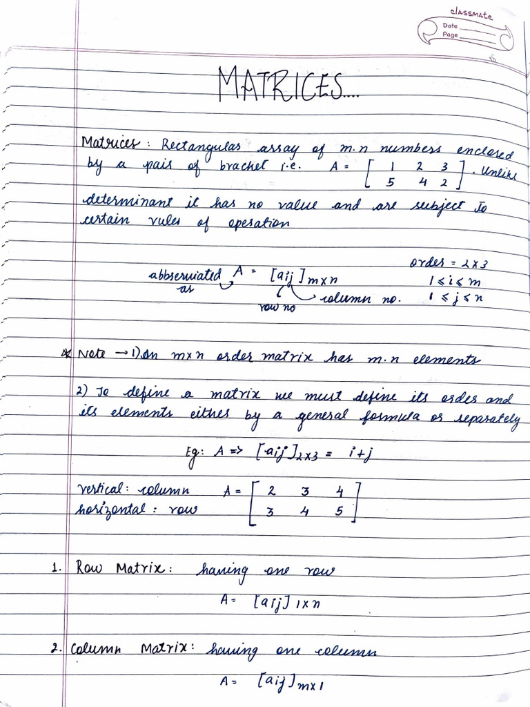 Matrices Notes With Illustrations | PDF