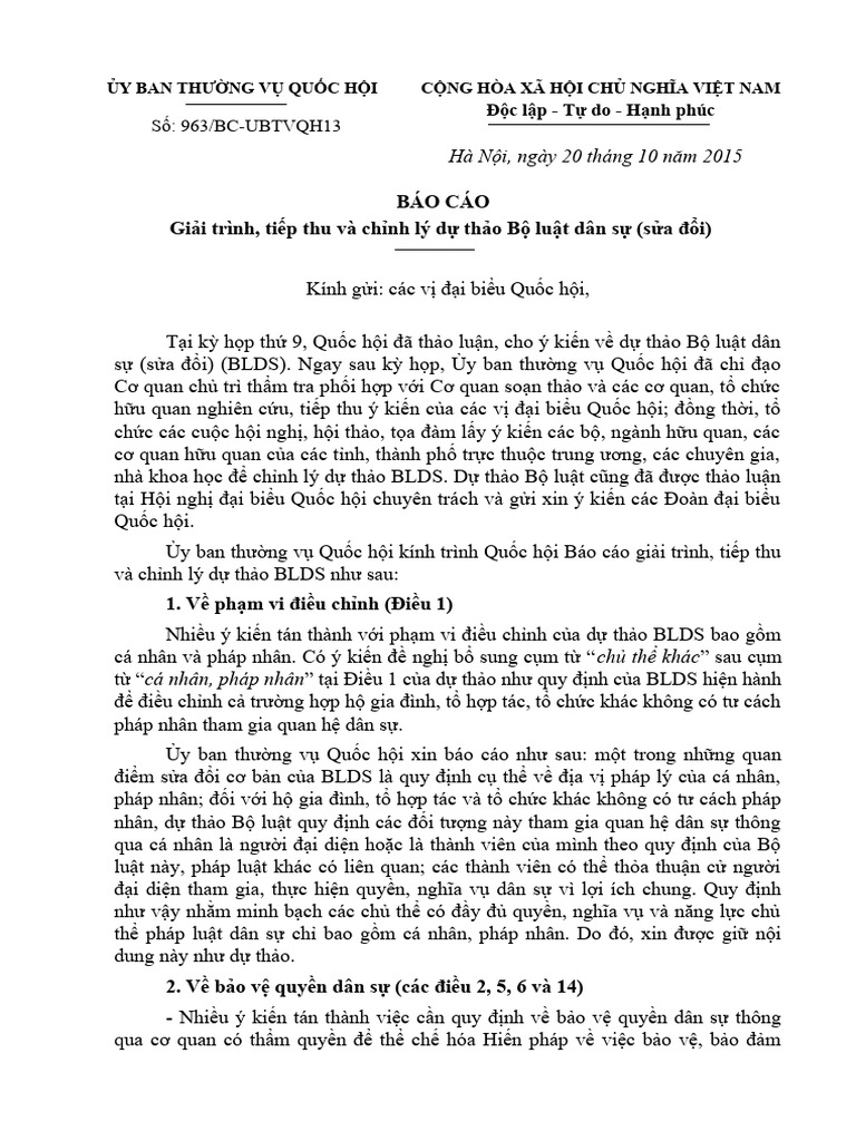 A01.01 - BC Gtrinh DA Bo Luat Dan Su (SD) | PDF