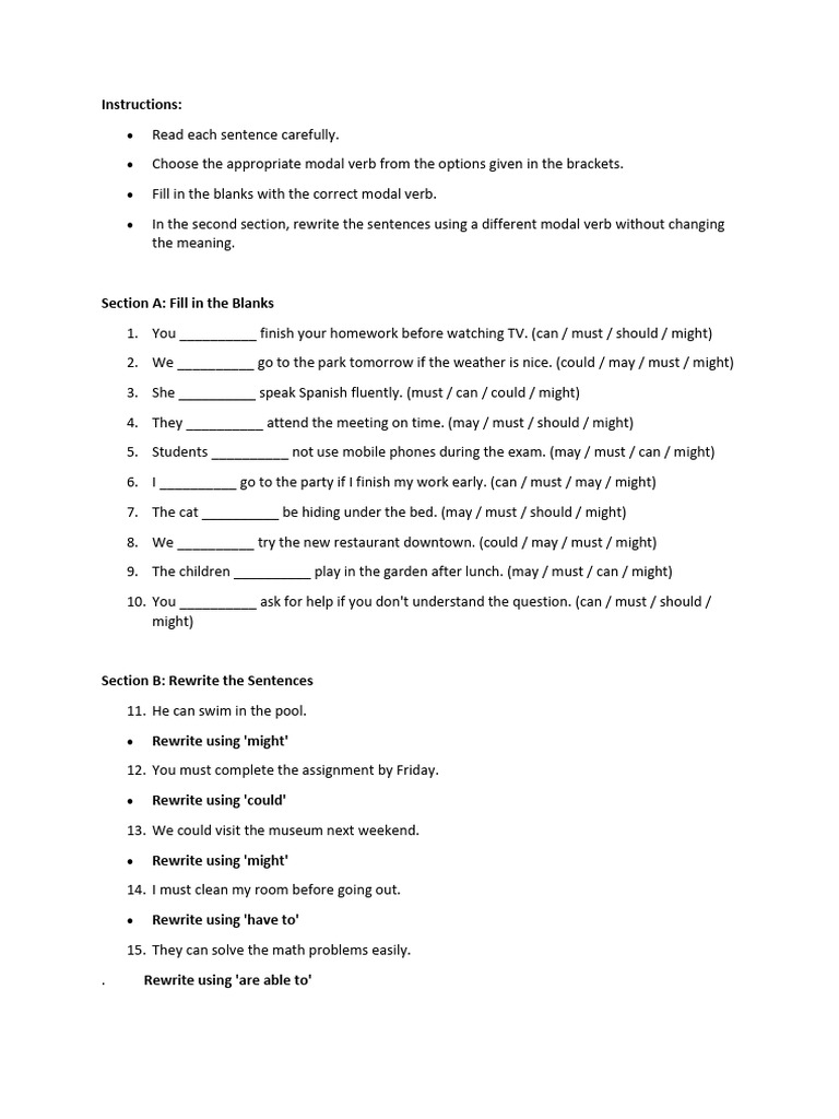 Class 6 Modals Worksheet with Answers | PDF