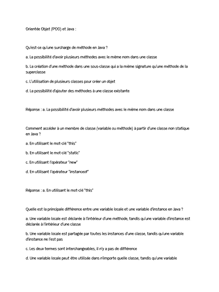 POO Questions | PDF | Classe (informatique) | Interface (Informatique)