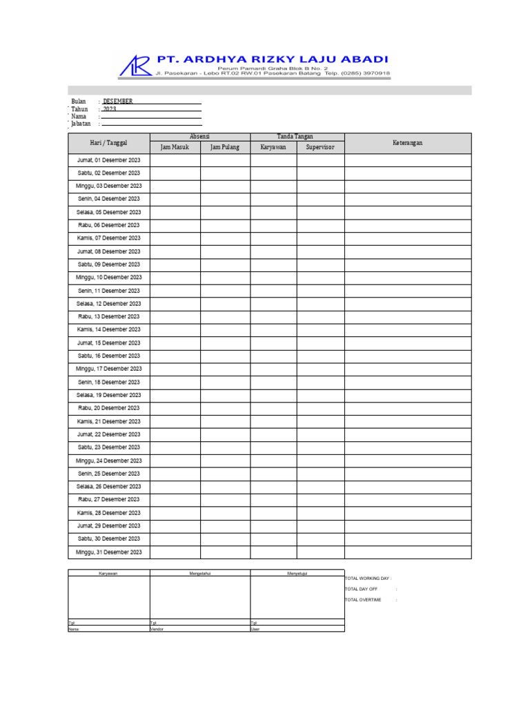Form Absensi, Lembur Cuti Janitor Desember 2023 | PDF