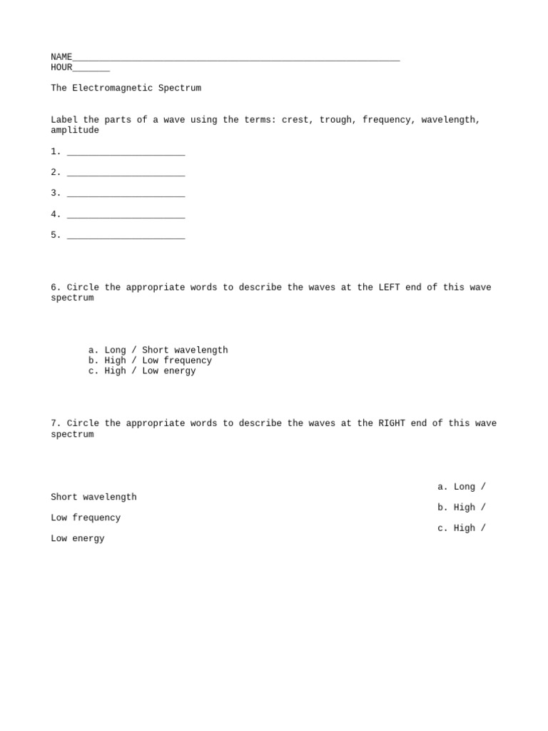Electromagnetic Spectrum Worksheet | Download Free PDF ...