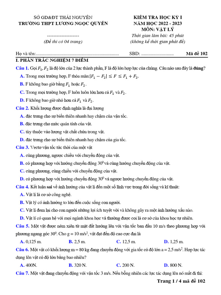 De Cuoi Ki 1 Vat Ly 10 Nam 2022 2023 Truong Luong Ngoc Quyen Thai Nguyen | PDF