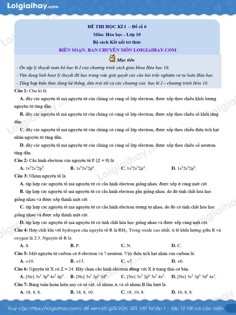 De Thi Hoc Ki 1 Hoa 10 Ket Noi Tri Thuc de So 6 1702093259 | PDF