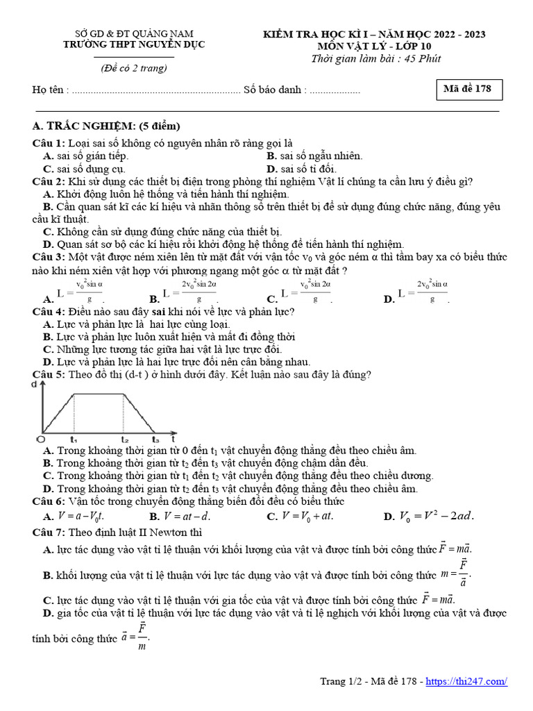 De Hoc Ki 1 Vat Ly 10 Nam 2022 2023 Truong THPT Nguyen Duc Quang Nam | PDF
