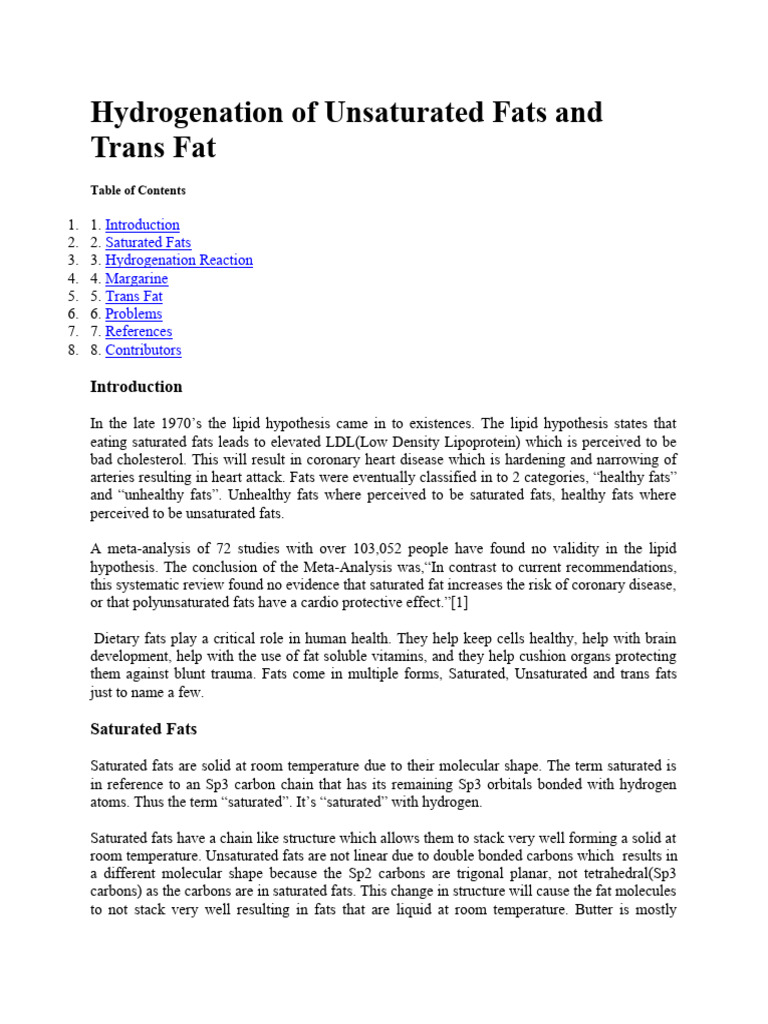 Hydrogenation of Unsaturated Fats and Trans Fat | PDF
