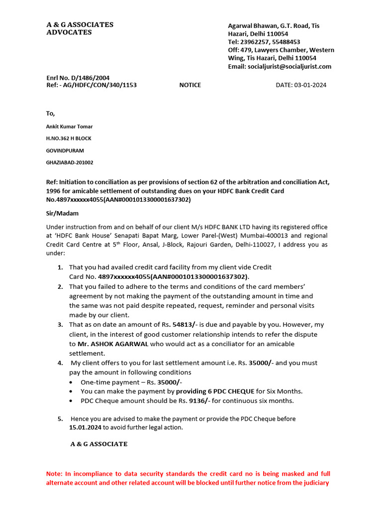 HDFC Bank Notice For Settlement | PDF | Credit Card | Cheque