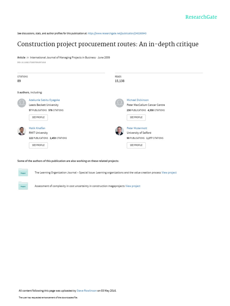 Construction Project Procurement Routes - An In-Depth Critique 2009 | PDF