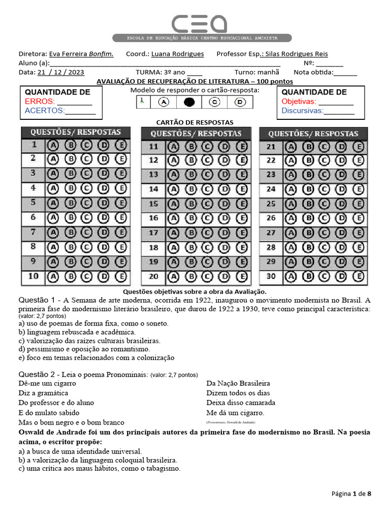 Prova Rec de Literatura - Cea - 3º Ano | PDF