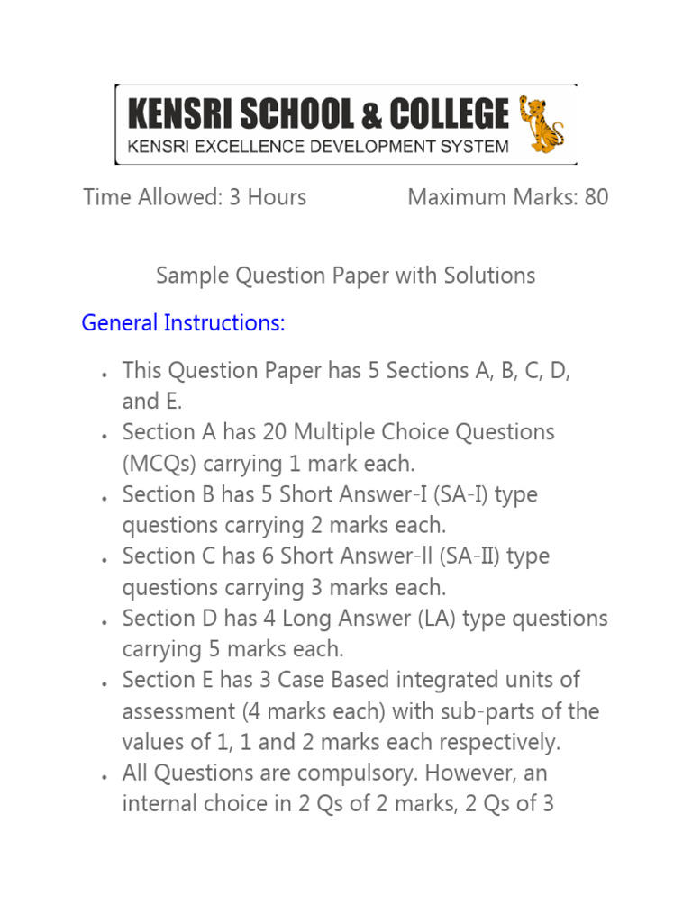 Sample Question Paper With Solutions | PDF | Factorization | Area