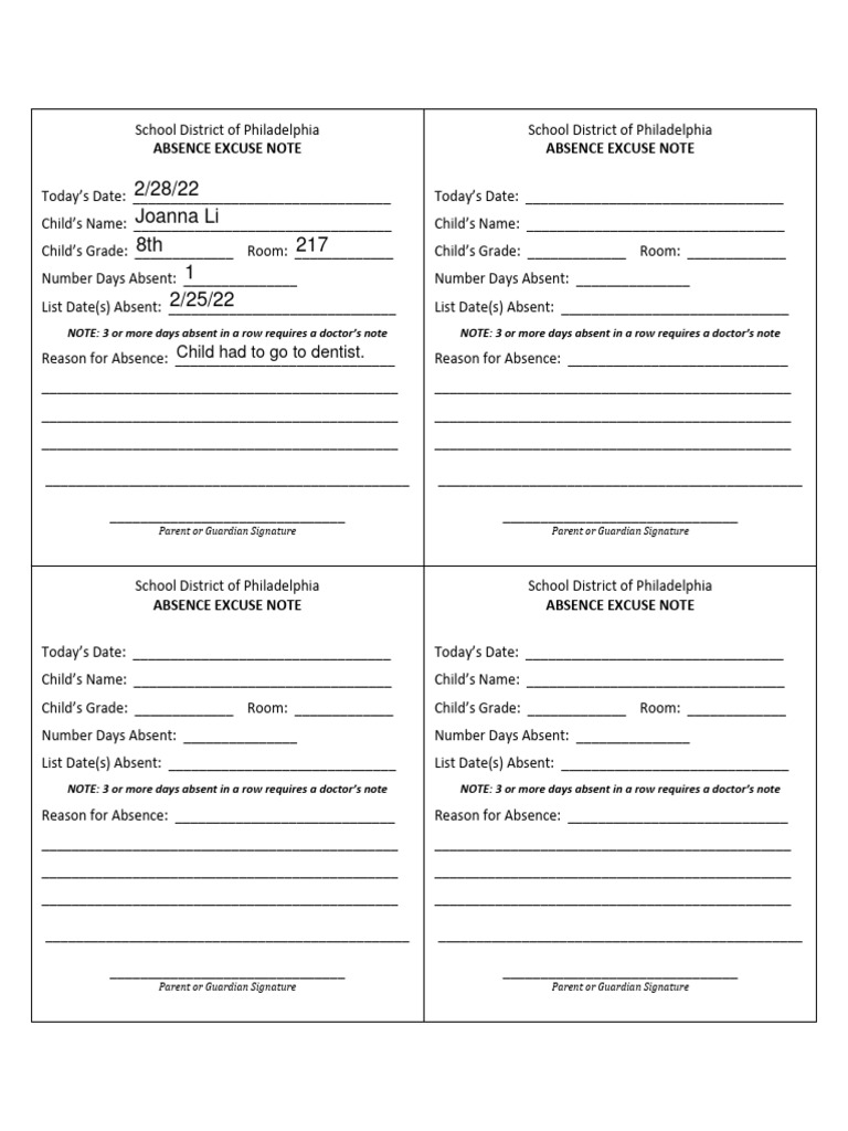 Absence Excuse Notes - English | PDF