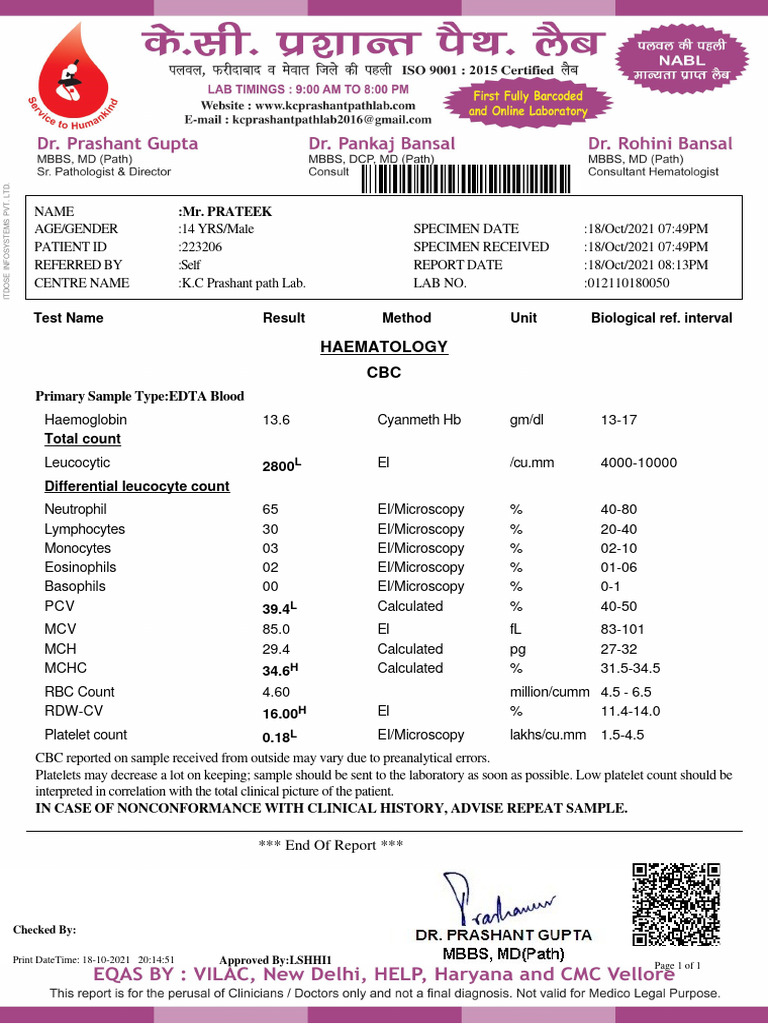 Lab Report New | PDF | Medical Specialties | Pathology