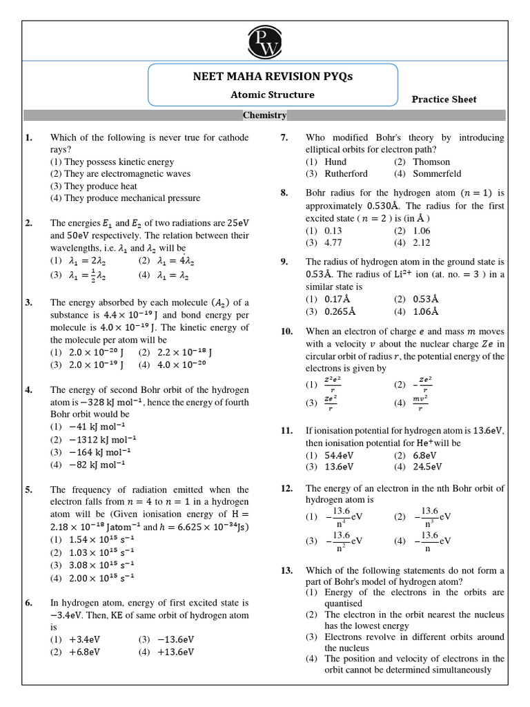 ATOMIC STRUCTURE Practice Sheet (Extra) | PDF