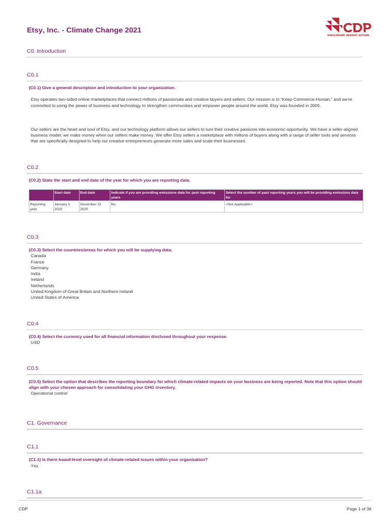 2020 CDP Climate Change Response | PDF | Risk | Renewable Energy
