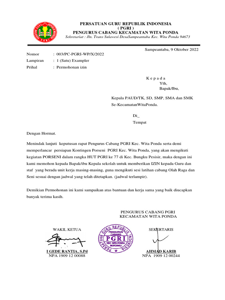 Contoh Surat Izin Pgri | PDF
