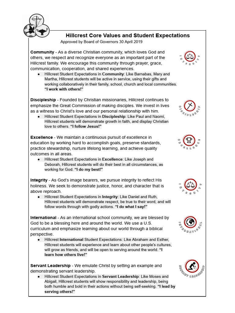 Hillcrest Core Values Overview | PDF | Disciple (Christianity) | Acts ...