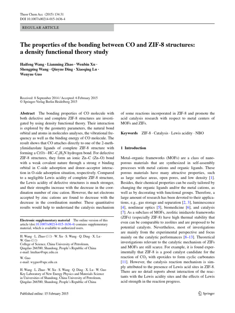 The Properties of The Bonding Between CO and ZIF 8 Structures: A ...