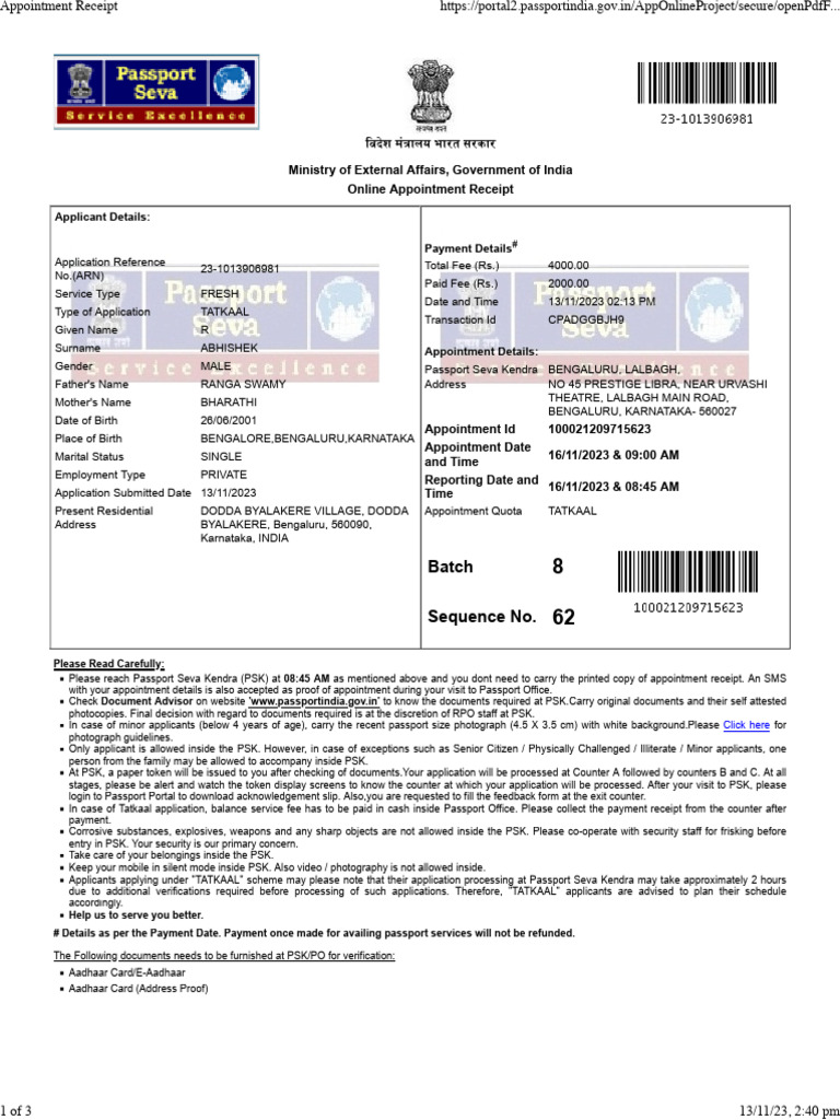 GSHSB Jen's. Appointment Receipt HSH | PDF | Identity Document | Birth ...