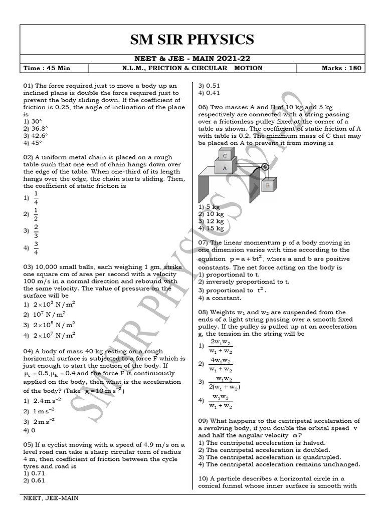 Test (Circular Motion, Friction) | PDF | Force | Acceleration