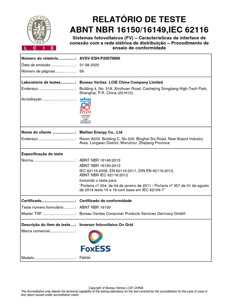 04 - Certificado Do Inversor - Foxess - F6000 | PDF