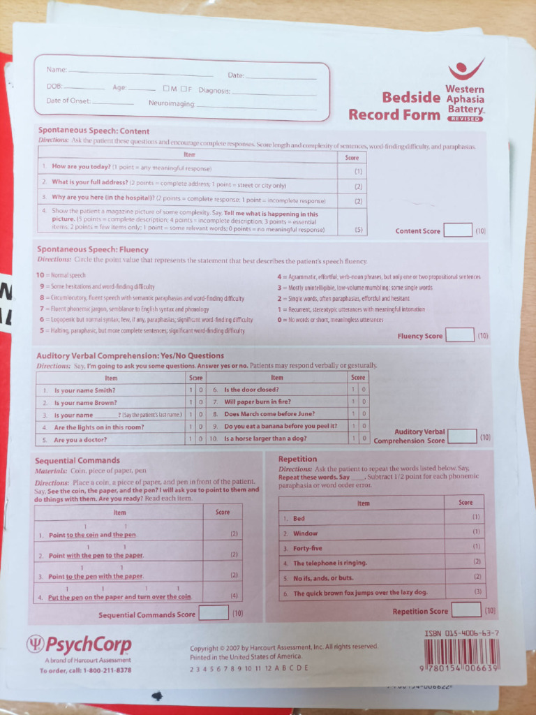 (WAB) Western Aphasia Battery - Bedside Record Form | PDF