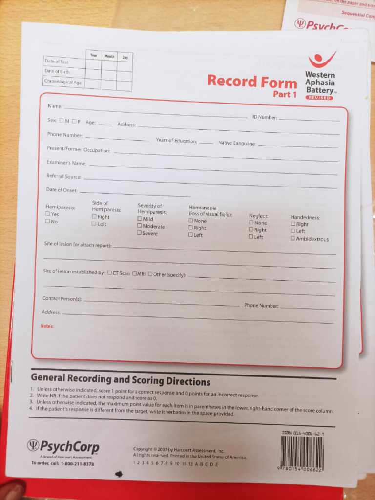 (WAB) Western Aphasia Battery - Part 1 Record Form | PDF