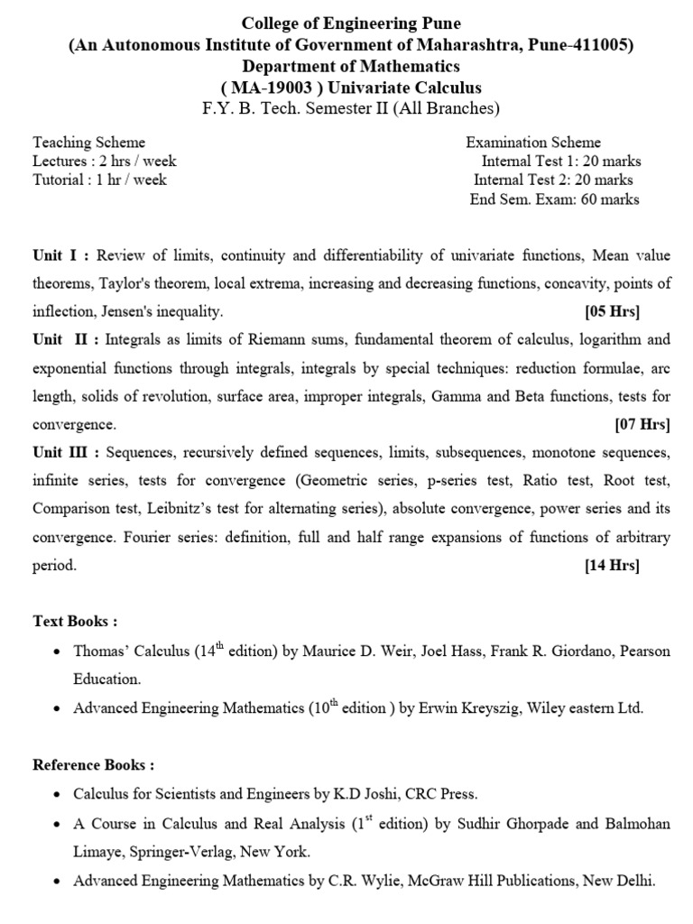 2020-21 B Tech Sem II Univariate Calculus | PDF | Integral | Limit ...