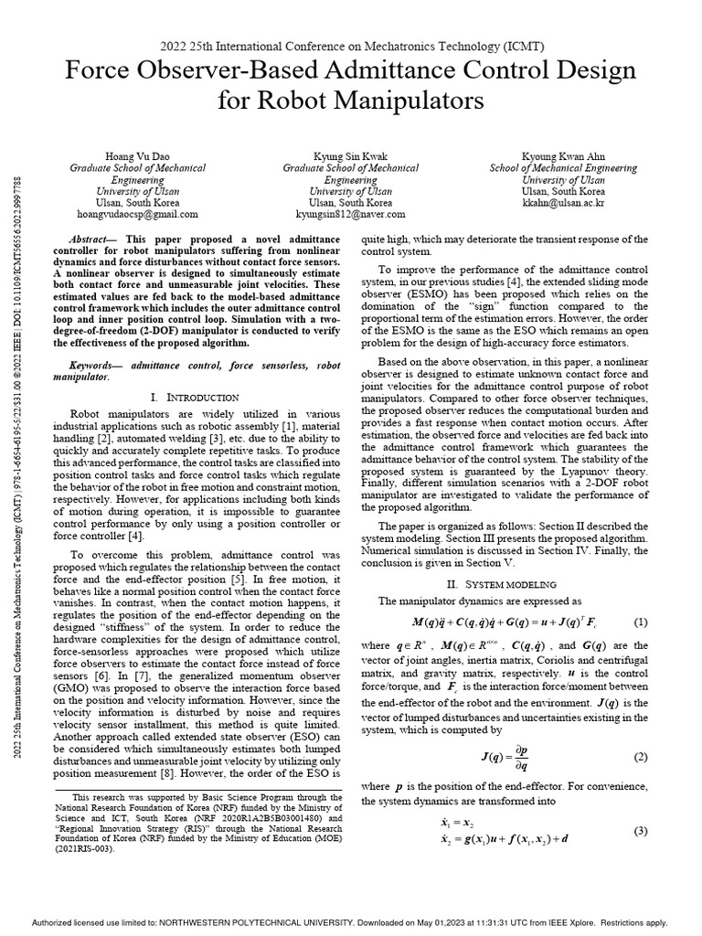 Force Observer-Based Admittance Control Design For Robot Manipulators | PDF