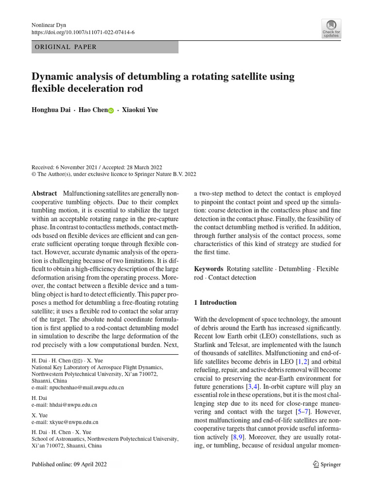 1st Paper Dynamic Analysis Of Detumbling A Rotating Satellite Using Flexible Deceleration Rod