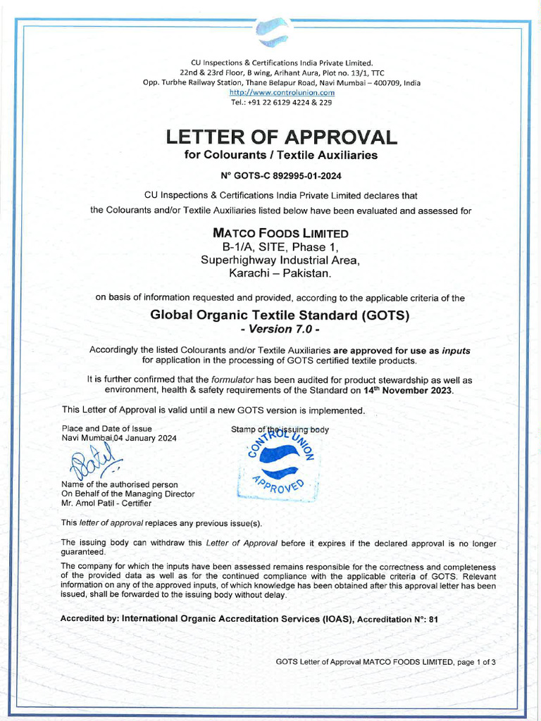 Matco -- GOTS Certificate | PDF