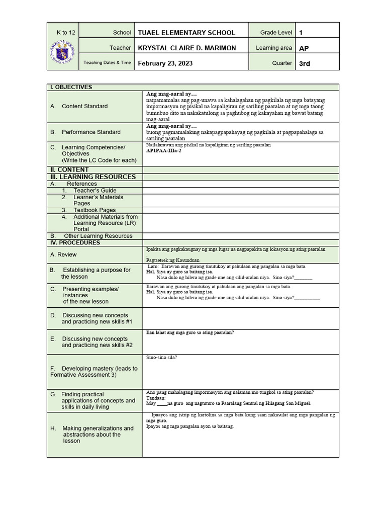Lesson Plan in AP 2 | PDF