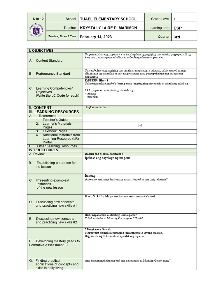 Lesson Plan in ESP DAY 2 | PDF | Cognition | Change