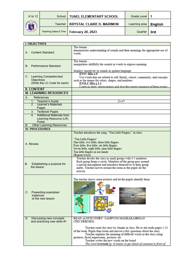 Lesson Plan in English 1 | PDF | Teachers | Learning