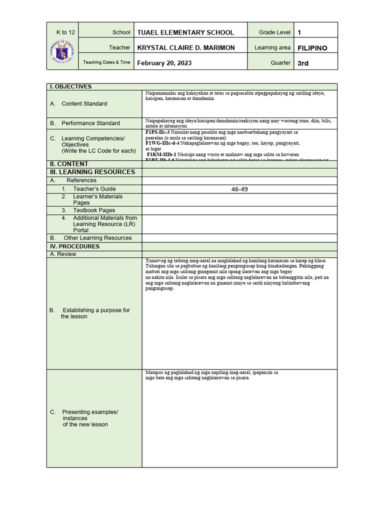 Lesson Plan in FILIPINO Day 1 | PDF