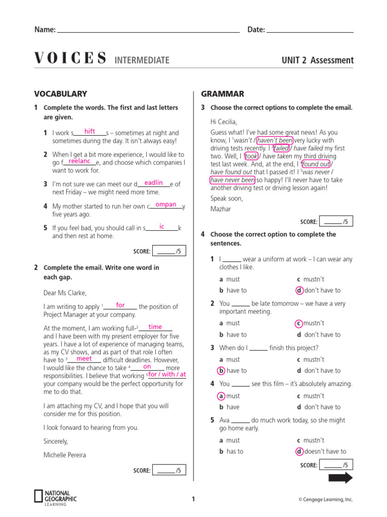 Voices Intermediate U02 Test Answer Key | Download Free PDF | Adjective