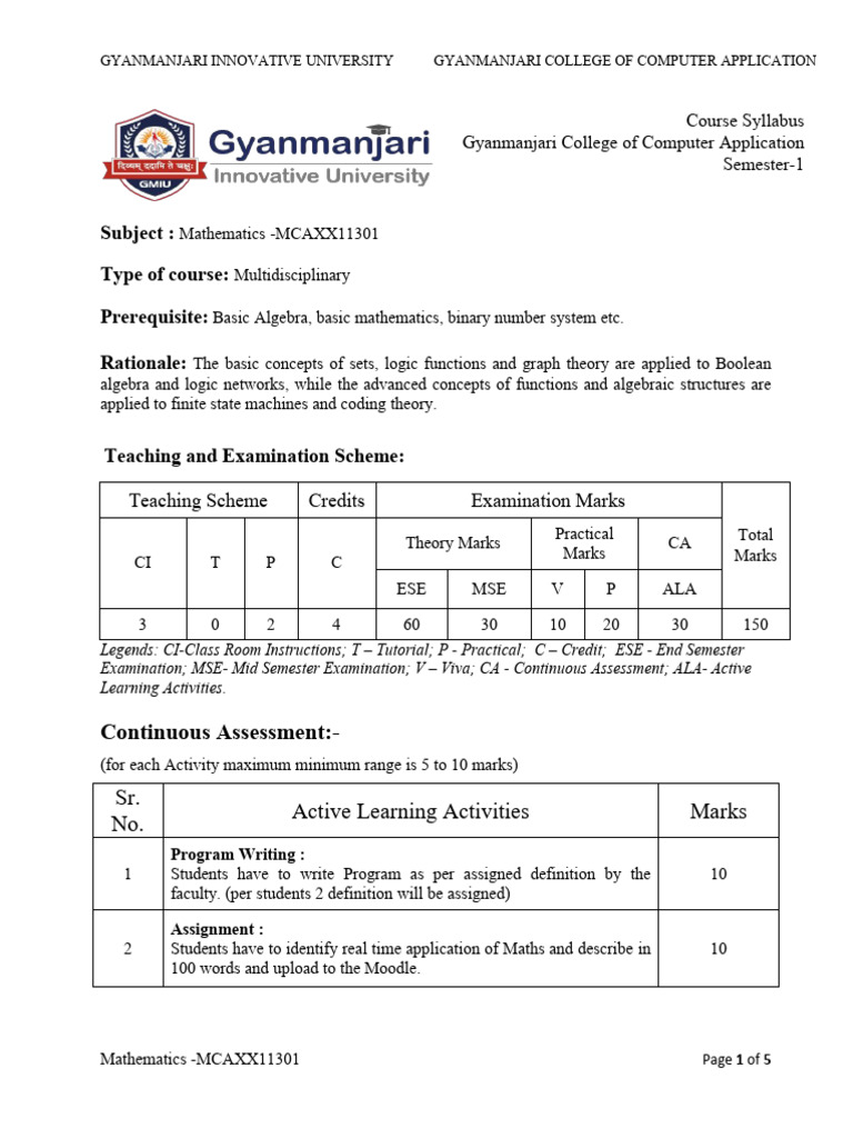 Mathematics Syllabus for MCA Sem 1 | PDF | Function (Mathematics ...