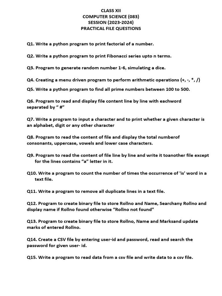 CLASS XII Practical File | PDF | Computer File | Computing