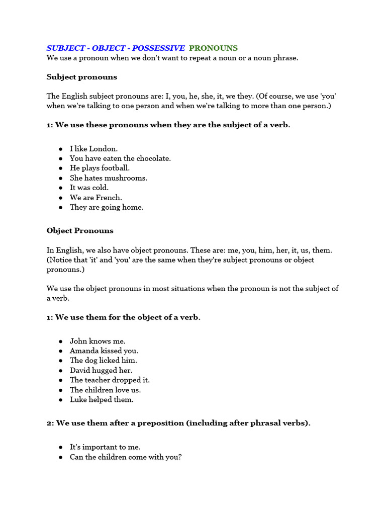 Subject - Object - Possessive Pronouns | PDF