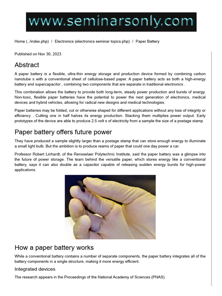 Paper Battery - Seminar Report, PPT, PDF For ECE Students | Download ...