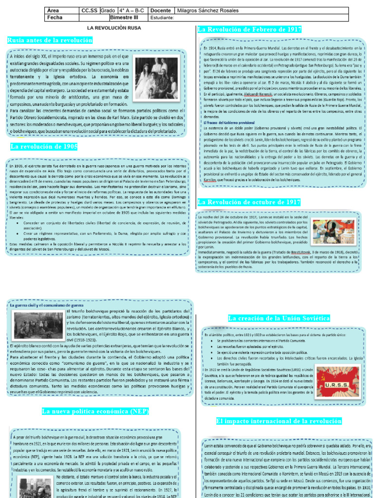 Ficha 4° La Revolucion Rusa | PDF | Imperio ruso | Primera Guerra Mundial