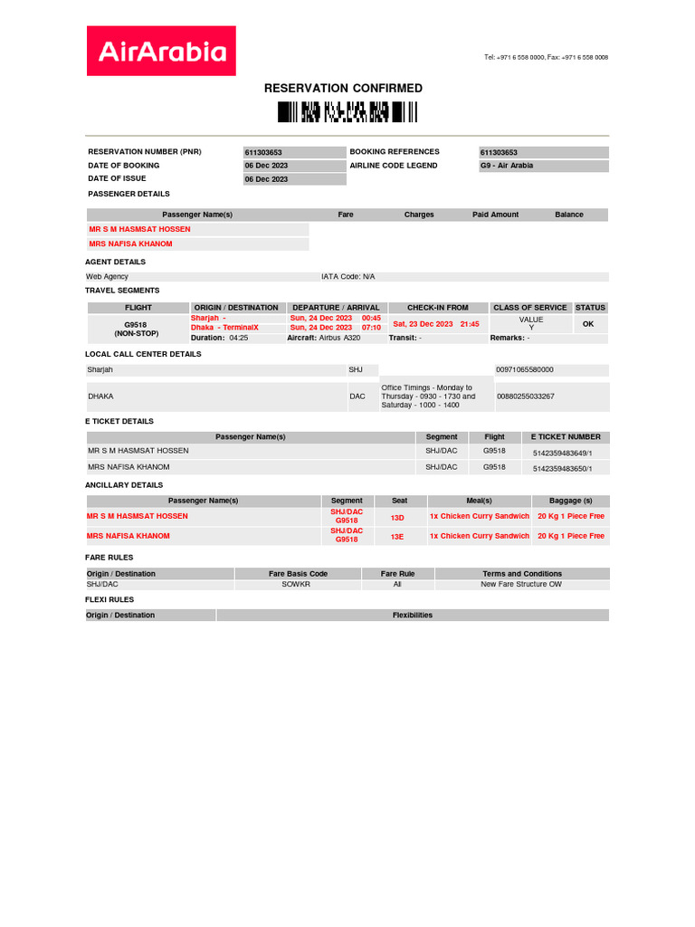 Sharjah To Dhaka Flight Ticket | PDF