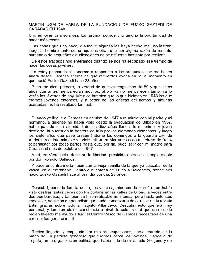 Martín Ugalde Habla de La Fundación de Euzko Gaztedi de Caracas en 1948 | PDF