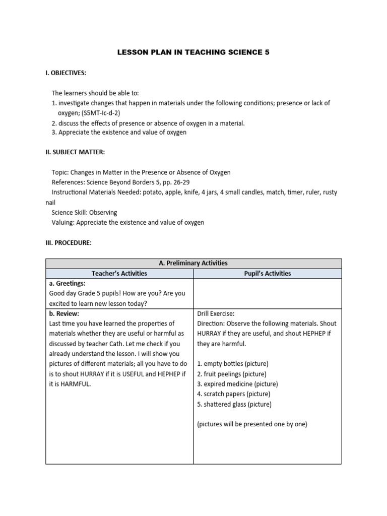First Quarter Week 3 Lesson Plan in Science V 1 | PDF | Rust | Candle