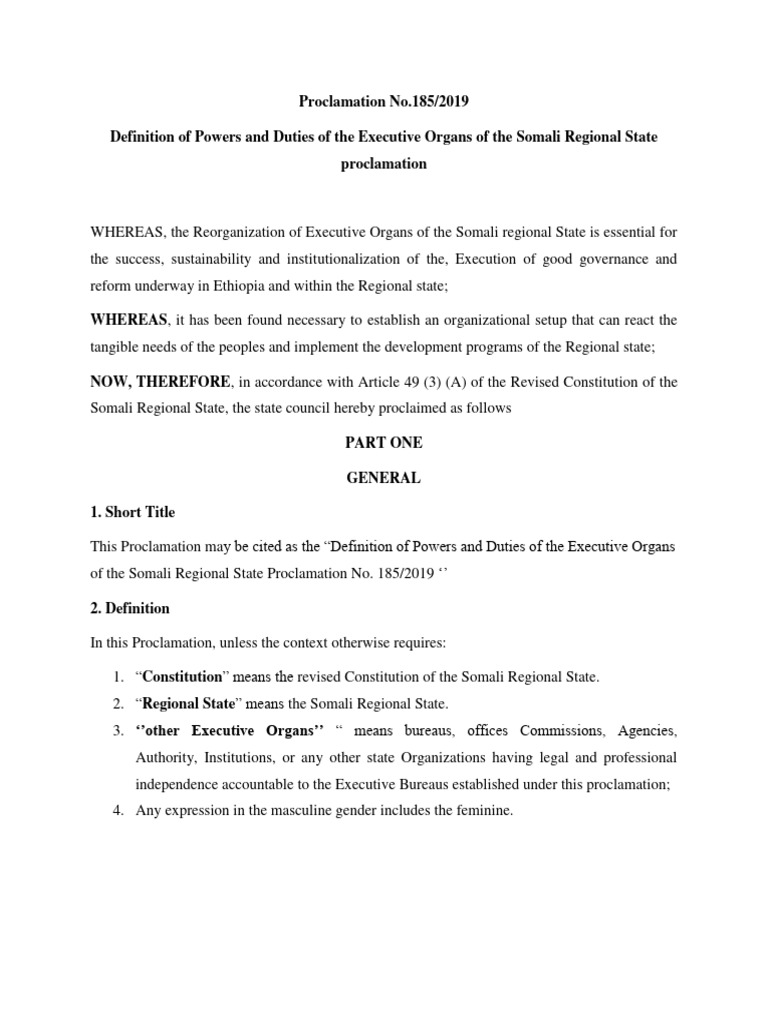 Proclamation No.185-2019 Definition of Powers and Duties of The ...