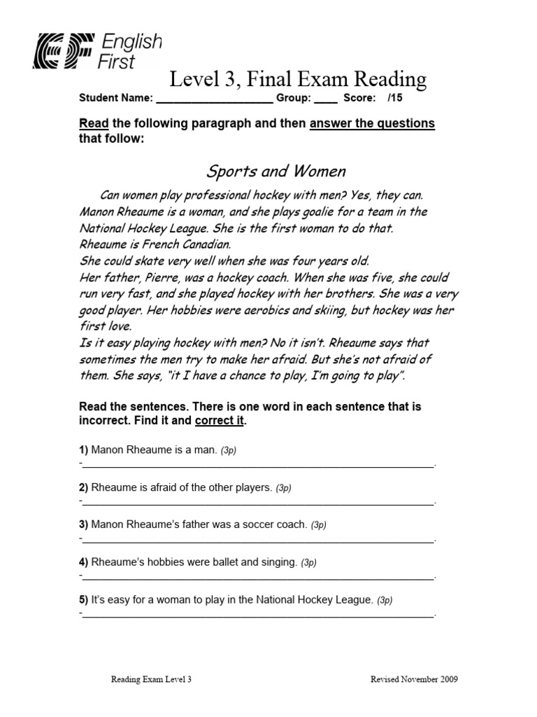 Reading Test Level 3 | PDF